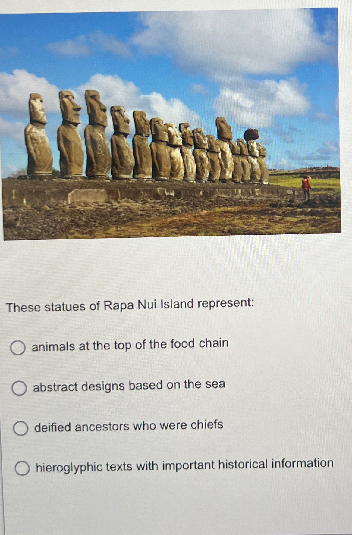 Solved These statues of Rapa Nui Island represent:animals at | Chegg.com