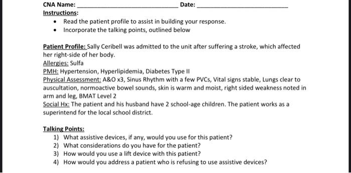 Solved CNA Name: Date: Instructions: - Read the patient | Chegg.com