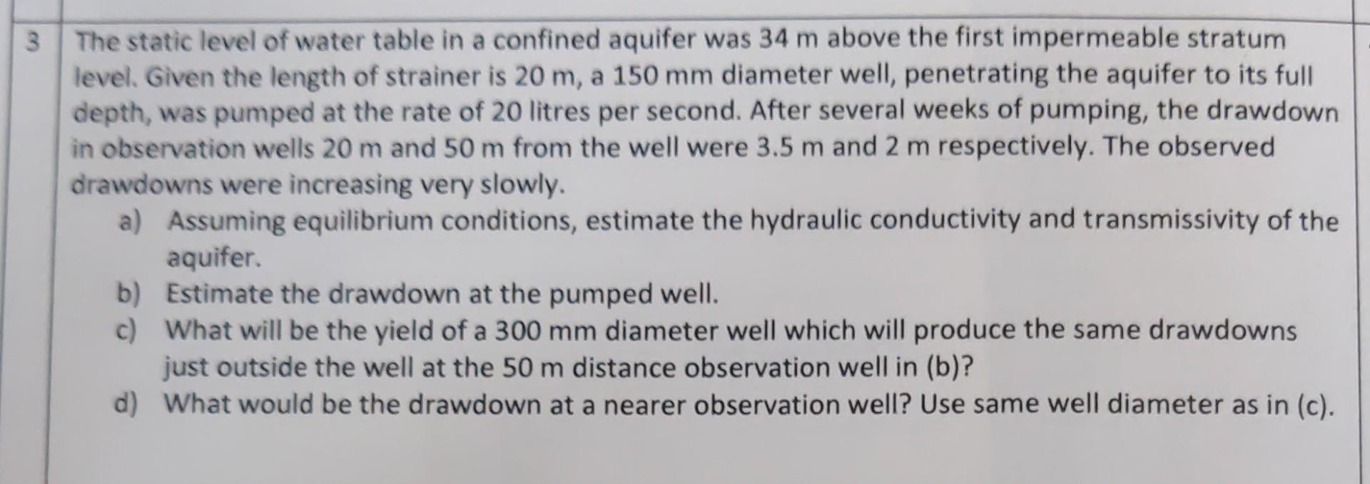 Solved The static level of water table in a confined aquifer | Chegg.com