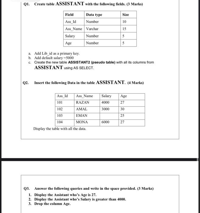 Solved Q1. Create table ASSISTANT with the following fields. | Chegg.com