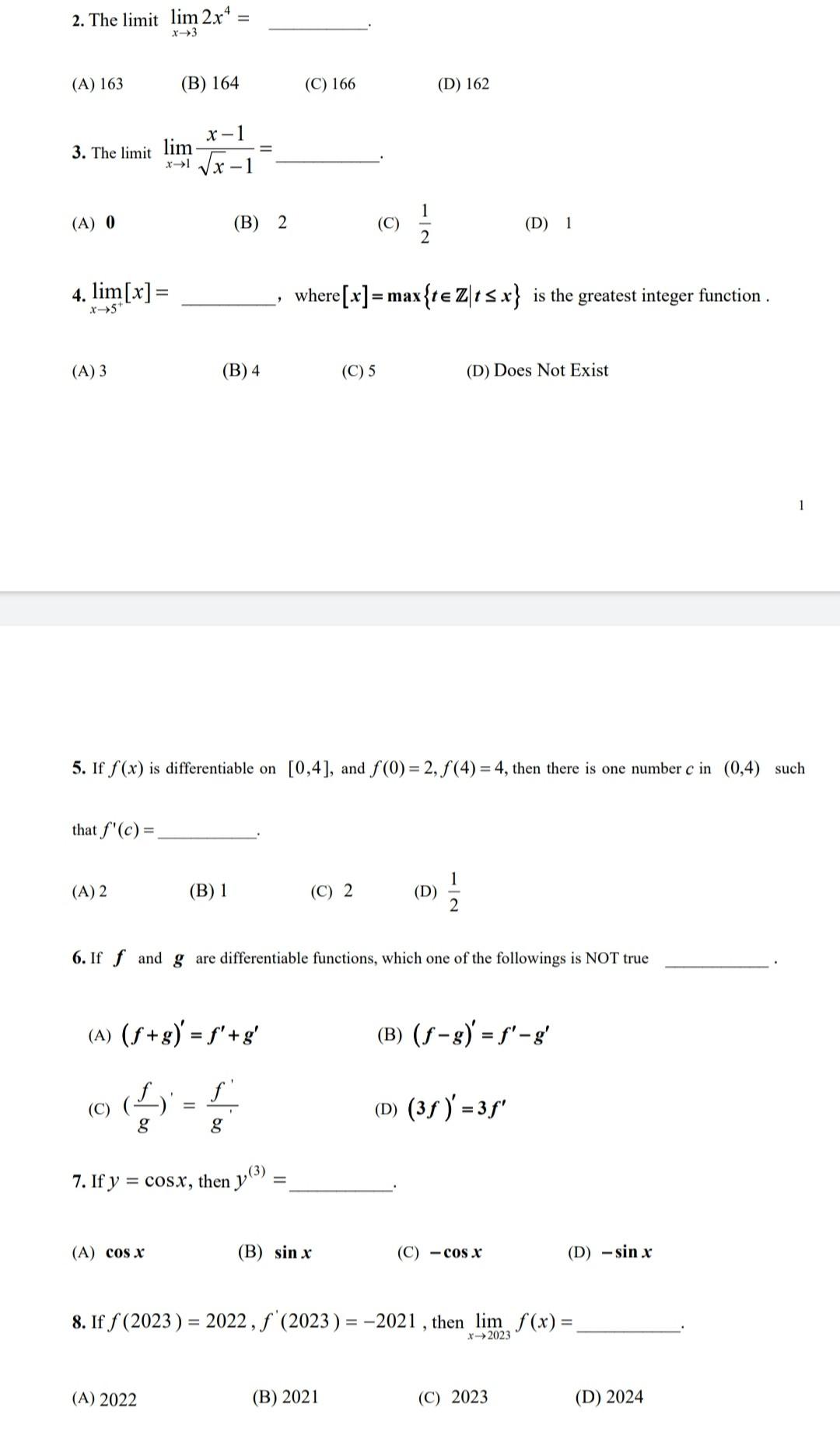 Solved 2. The limit limx→32x4= (A) 163 (B) 164 (C) 166 (D) | Chegg.com