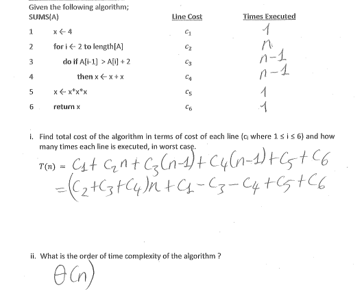 Solved i. ﻿Find total cost of the algorithm in terms of cost | Chegg.com