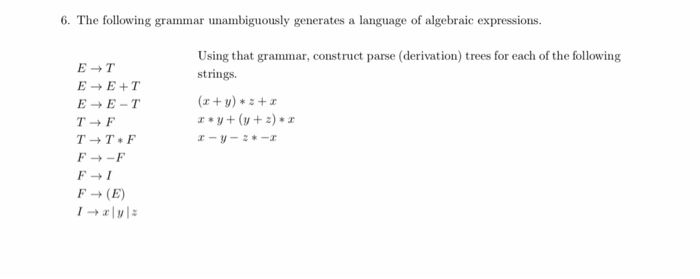 Solved 6. The following grammar unambiguously generates a | Chegg.com