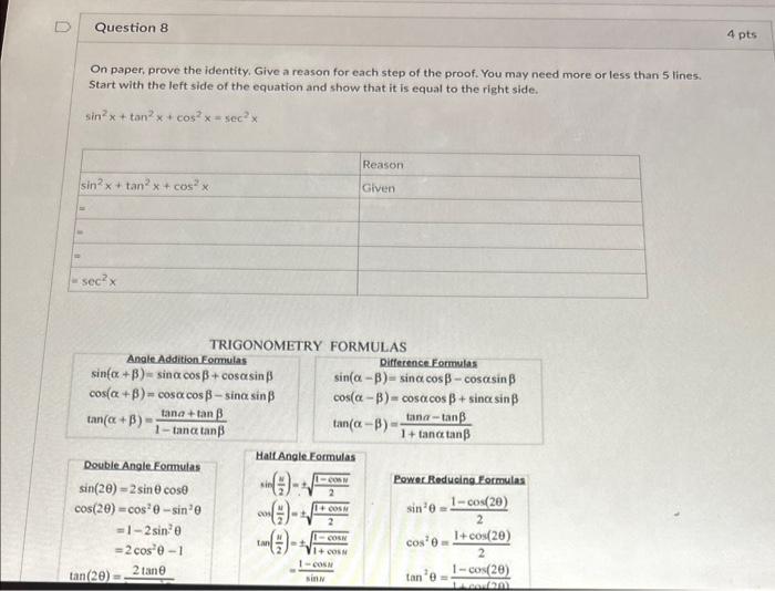 Solved On paper, prove the identity, Give a reason for each | Chegg.com