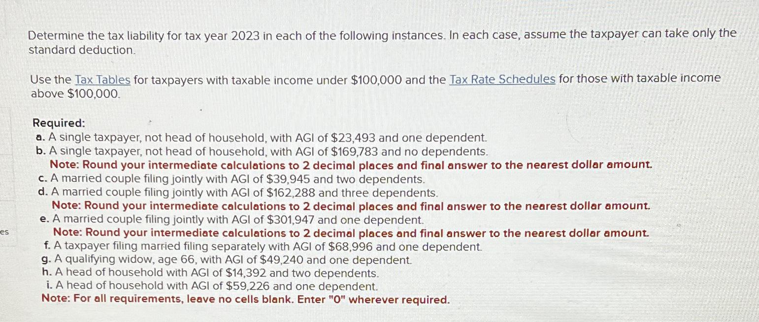 Determine the tax liability for tax year 2023 ﻿in | Chegg.com