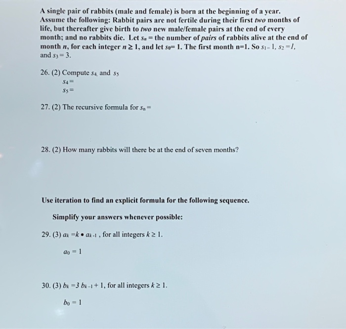 Solved A single pair of rabbits (male and female) is born at | Chegg.com