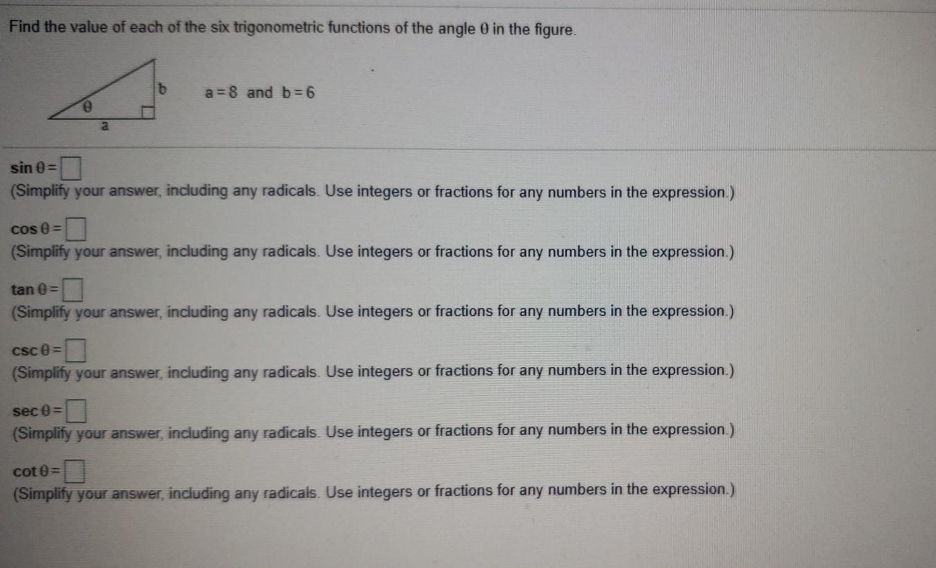 Solved Find the value of each six trigonometric functions | Chegg.com