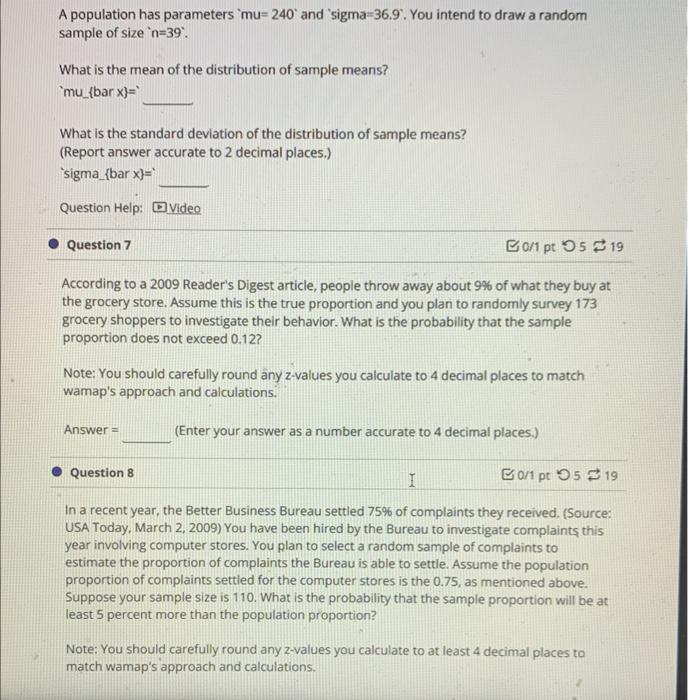 Solved A population has parameters ′mu=240∘ and 'sigma | Chegg.com