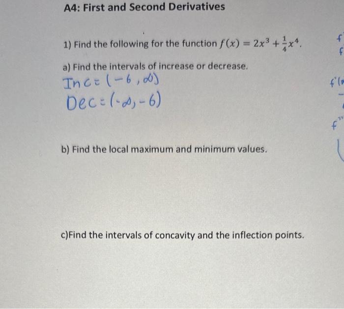 Solved A4: First and Second Derivatives 1) Find the | Chegg.com