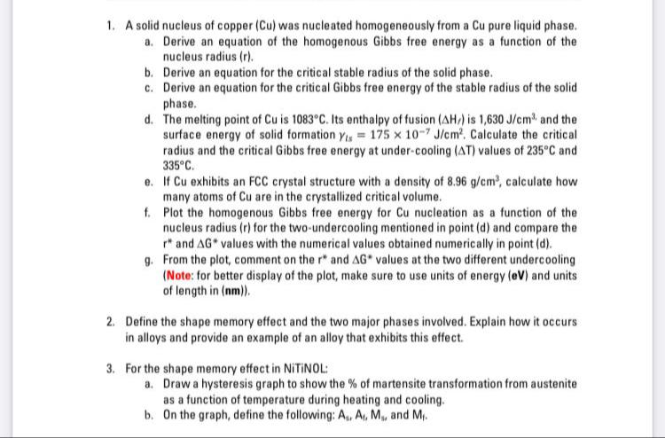 A solid nucleus of ﻿copper ( Cu ) ﻿was nucleated | Chegg.com