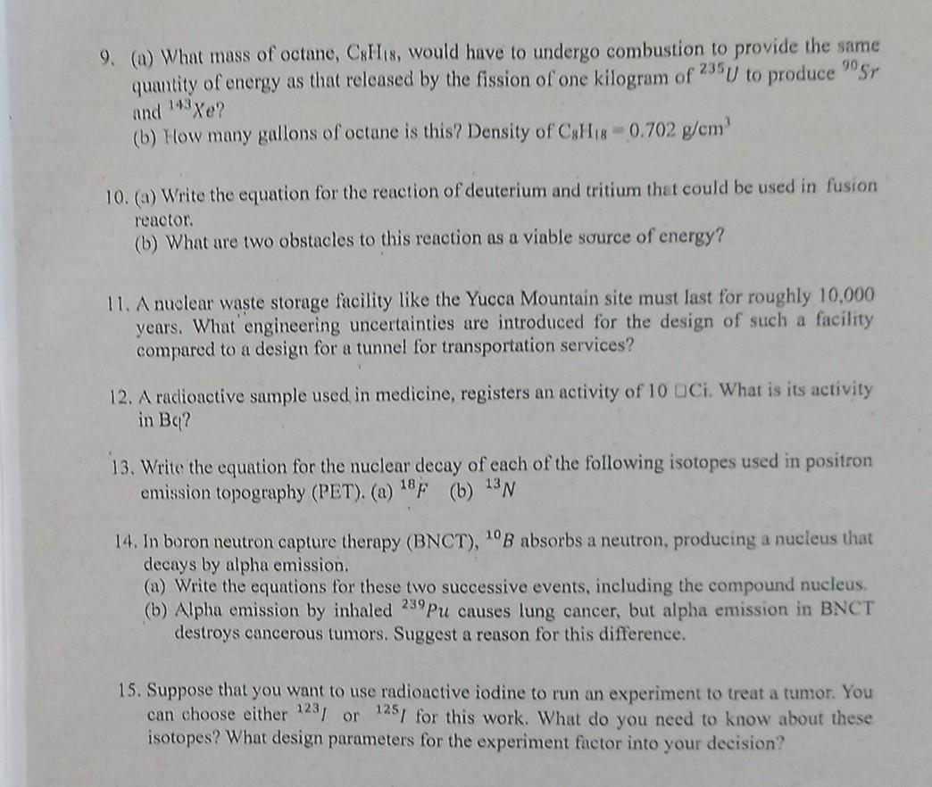 Solved 9. (a) What mass of octane, C8H18, would have to | Chegg.com