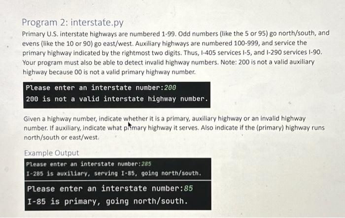 Solved Program 2: interstate.py Primary U.S. interstate | Chegg.com