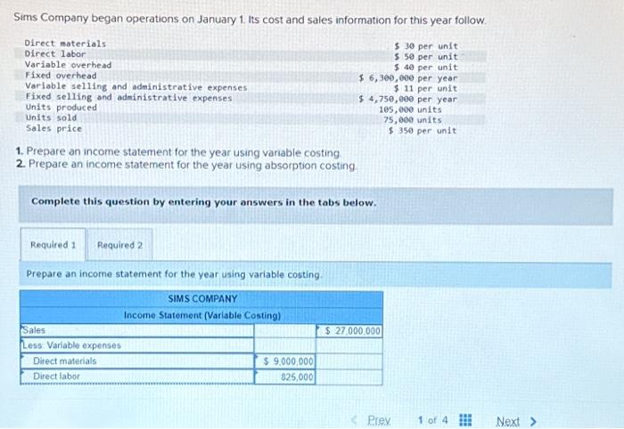 Solved Sims Company began operations on January 1 . Its cost | Chegg.com