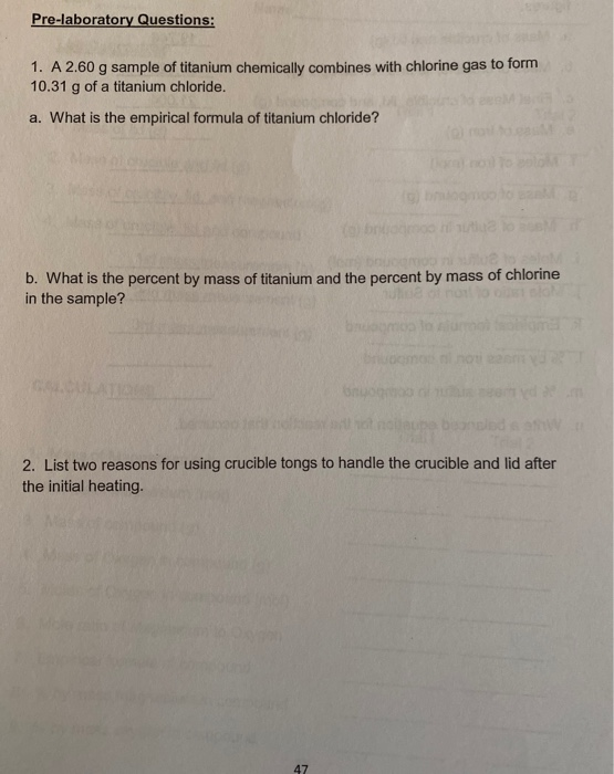 Solved Pre-laboratory Questions: 1. A 2.60 g sample of | Chegg.com