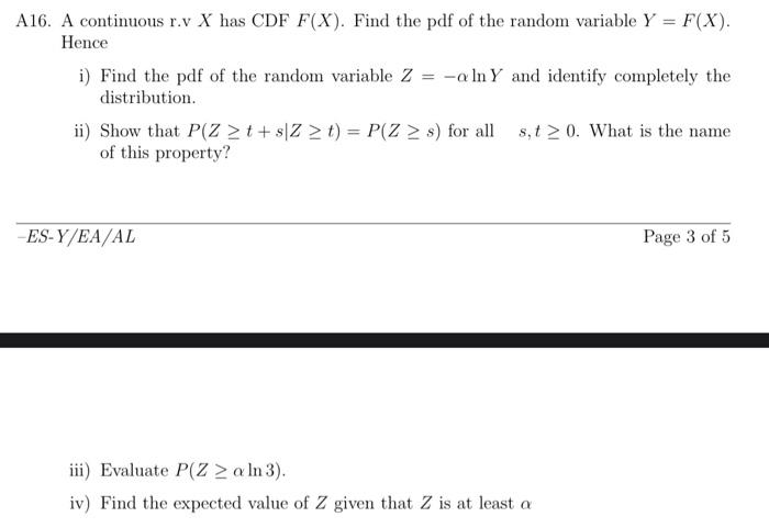 Solved A16. A continuous r.v X has CDF F(X). Find the pdf of | Chegg.com