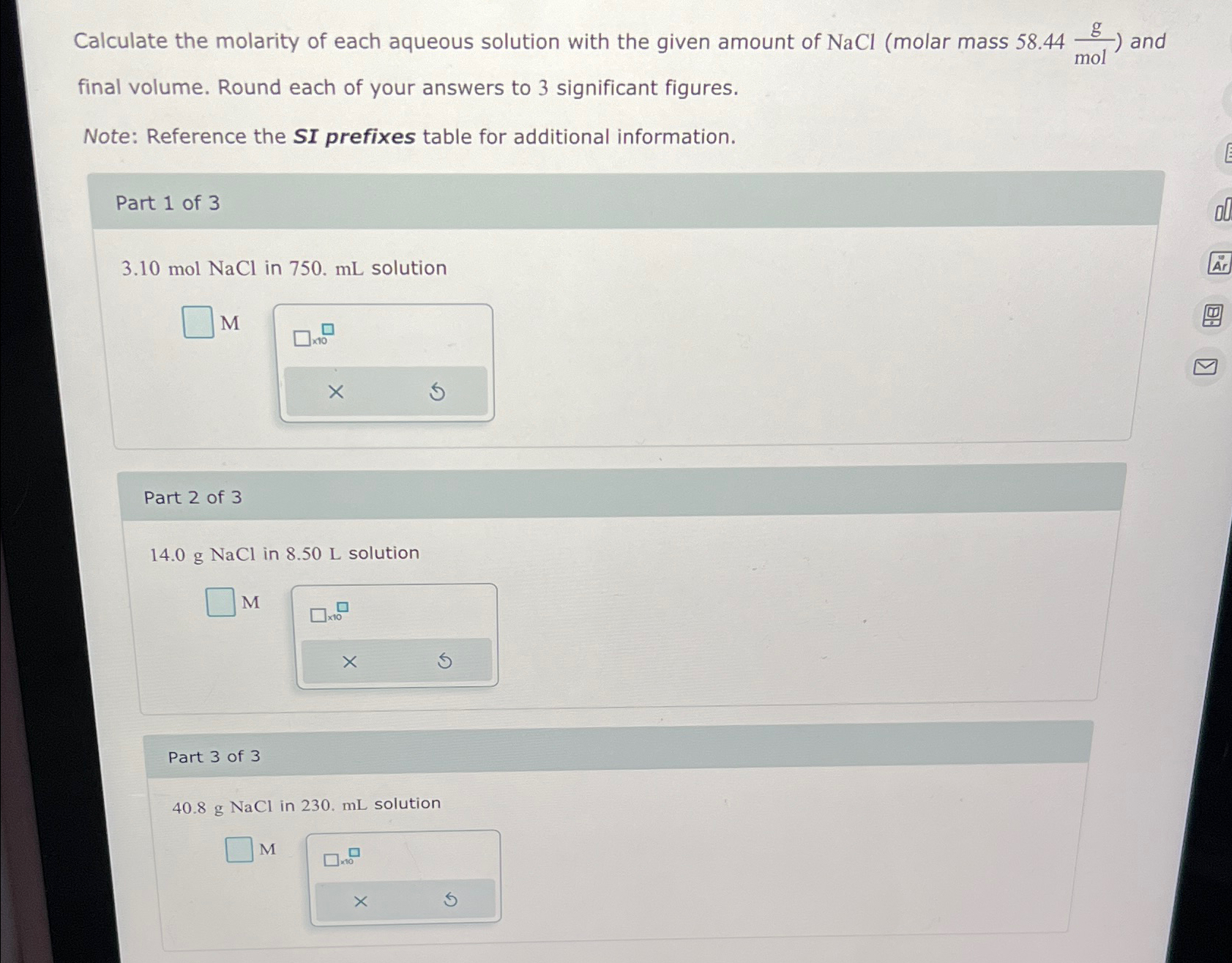 Solved Calculate the molarity of each aqueous solution with | Chegg.com