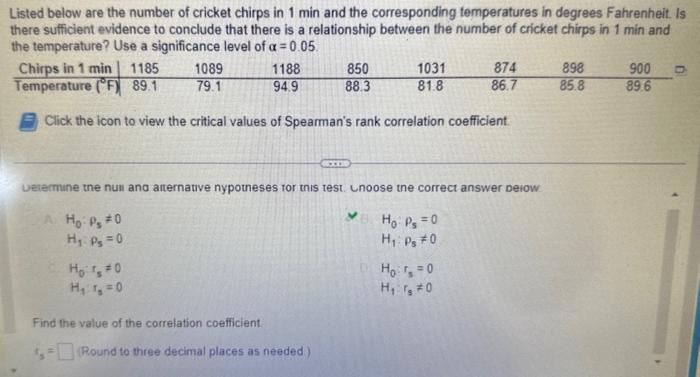 Solved Listed below are the number of cricket chirps in 1 | Chegg.com