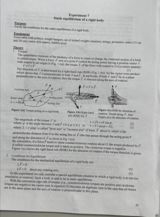 Experiment 7 Static equilibritm of a rigid body | Chegg.com