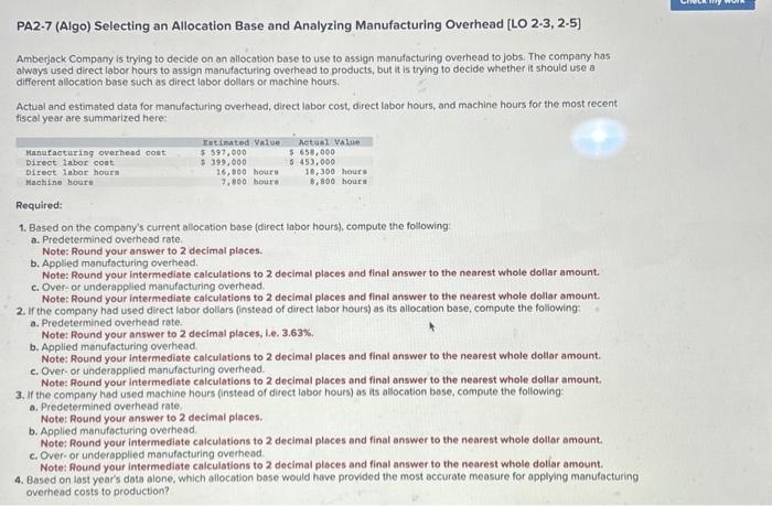 Solved PA2-7 (Algo) Selecting an Allocation Base and | Chegg.com