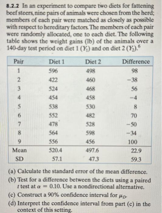 Solved 8.2.2 In an experiment to compare two diets for | Chegg.com