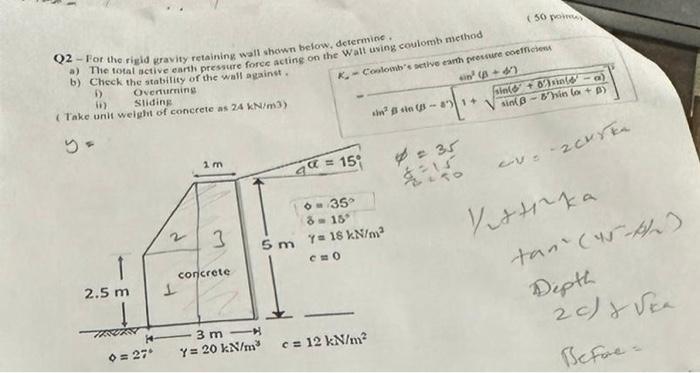 Solved Q2 - For the rigli eravity retaining wall shown | Chegg.com