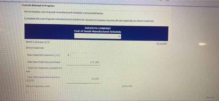 Solved Current Attempt in Progress An incomplete cost of | Chegg.com