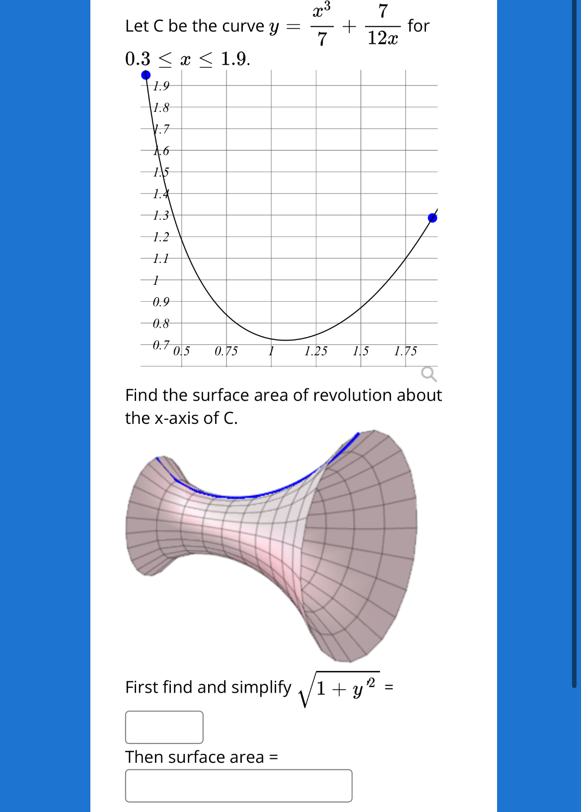 Solved Let C be the curve y=x37+712x ﻿forFind the surface | Chegg.com
