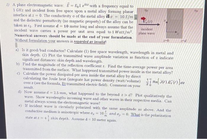 Solved P 1) A plane electromagnetic wave: E = Eox ekz with a | Chegg.com
