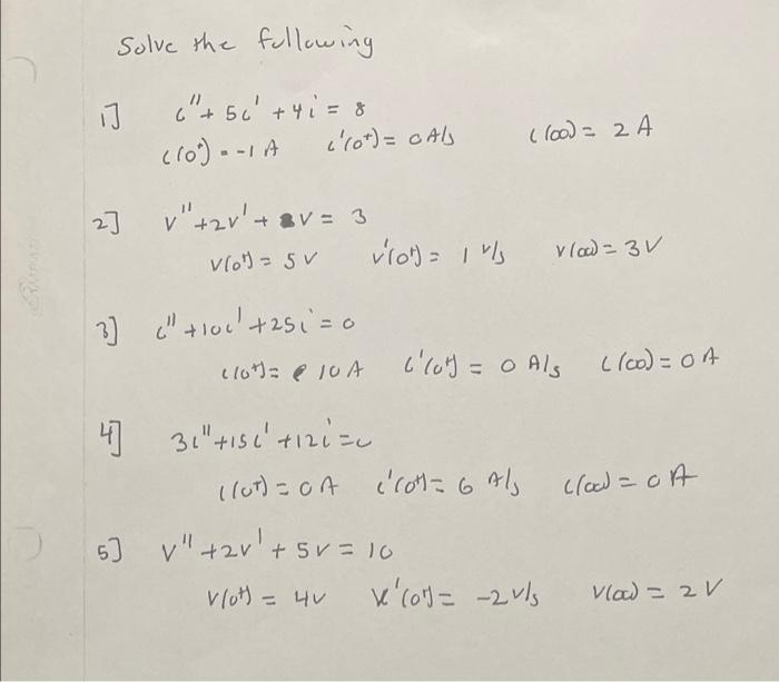Solved Solve the fullowing 1] c′′+5c′+4i=8 c(0+)=−1 | Chegg.com