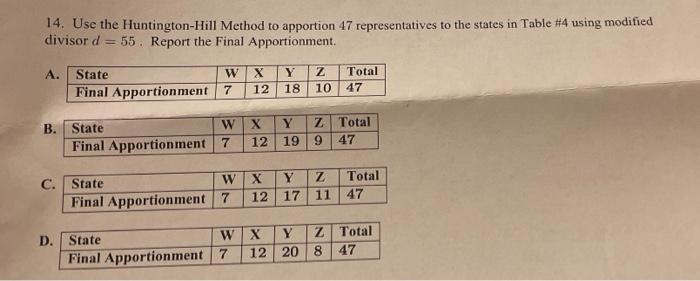 14. Use the Huntington-Hill Method to apportion 47 | Chegg.com