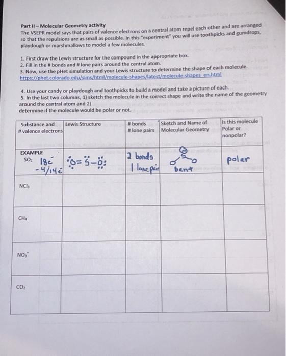 Solved Part II - Molecular Geometry activity The VSEPR model | Chegg.com