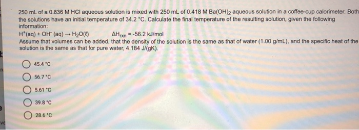 Solved 250 mL of a 0.836 M HCl aqueous solution is mixed | Chegg.com