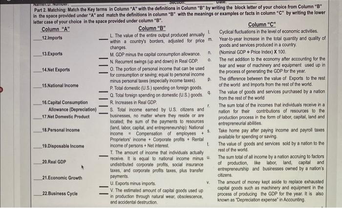 Solved Part 2. Matching: Match the Koy terms in Column "A" | Chegg.com