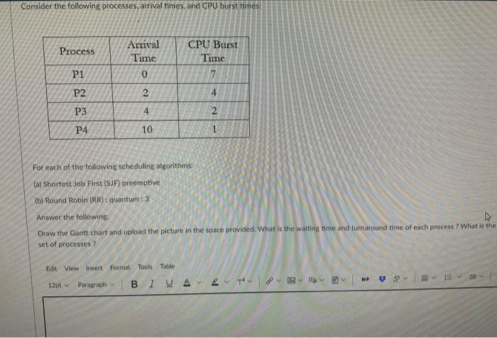 Solved Consider the following processes, arrival times, and | Chegg.com