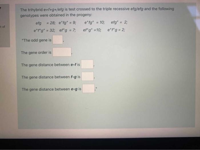 Solved The trihybrid e+f+9+/efg is test crossed to the | Chegg.com