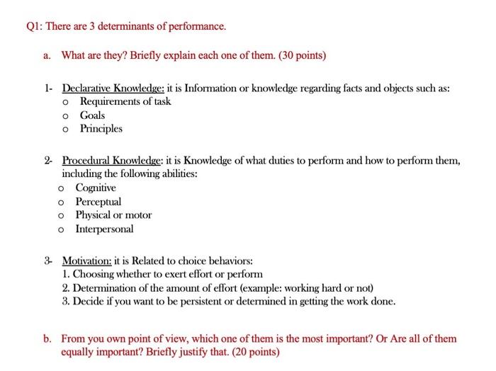 Solved Q1: There are 3 determinants of performance. a. What | Chegg.com