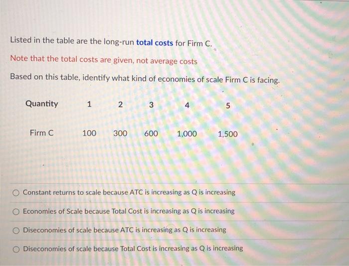 Solved Listed in the table are the long-run total costs for | Chegg.com