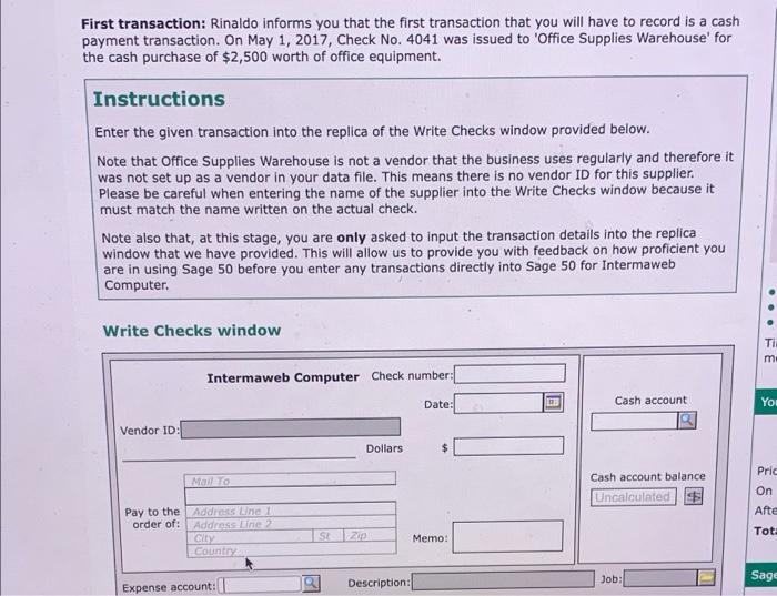 Solved First transaction: Rinaldo informs you that the first | Chegg.com