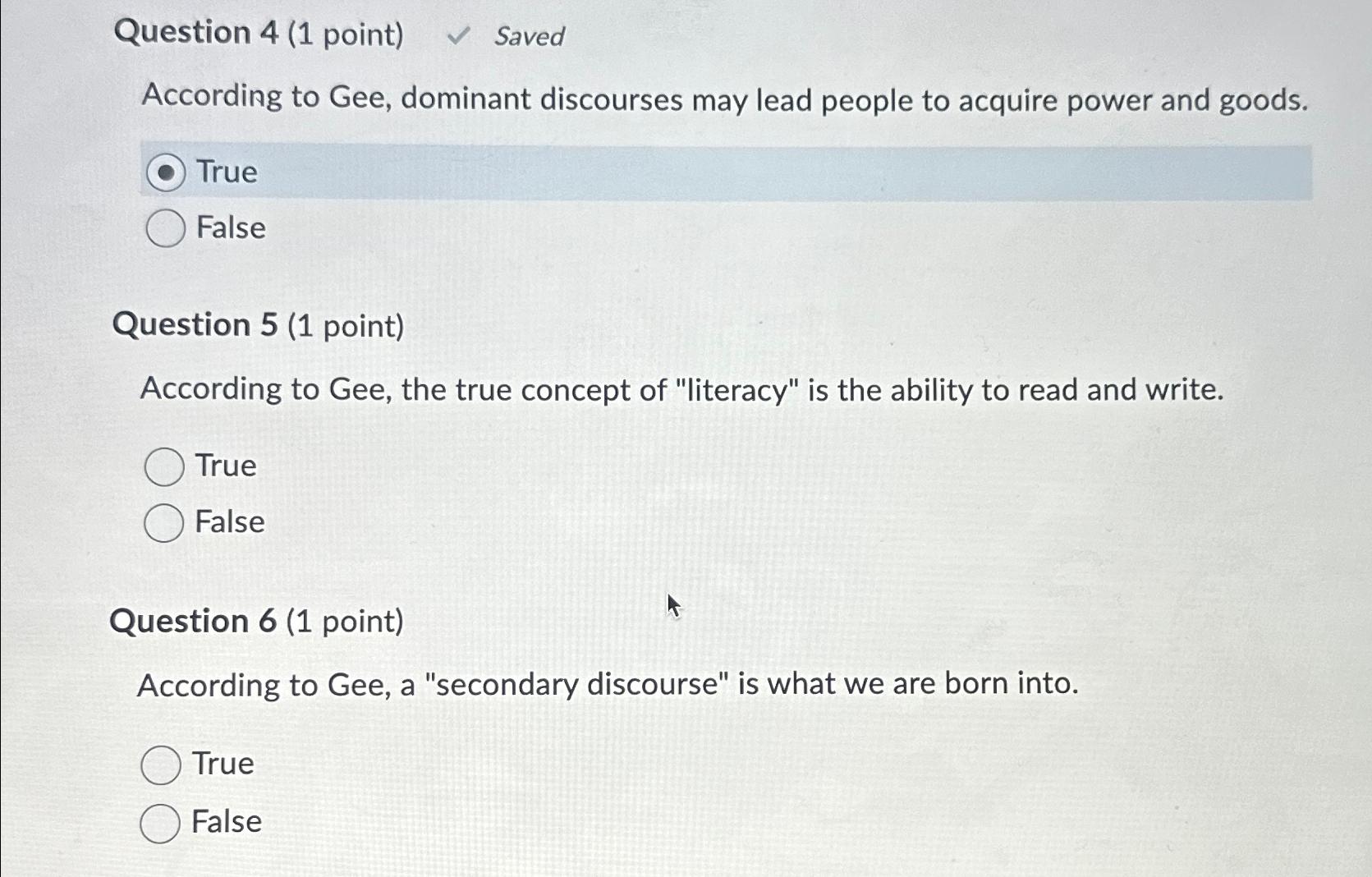 Solved Question 4 (1 ﻿point) ﻿SavedAccording to Gee, | Chegg.com