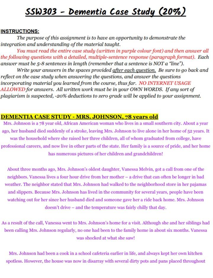 Solved SSW303 - Dementia Case Study (20%) INSTRUCTIONS: The | Chegg.com