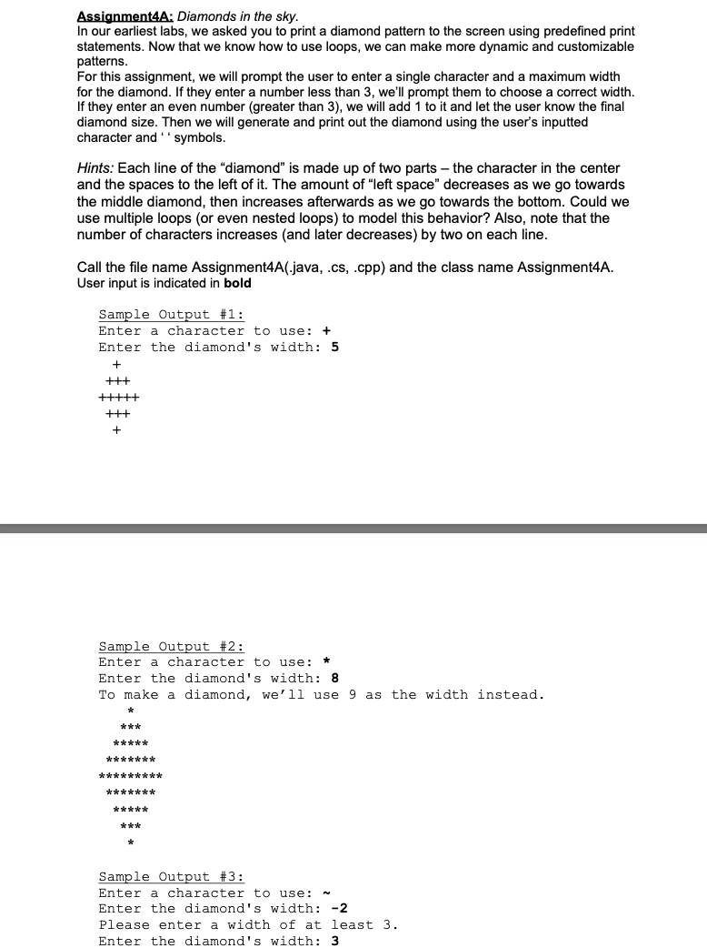 Solved In java please Assignment4A: Diamonds in the sky.In | Chegg.com