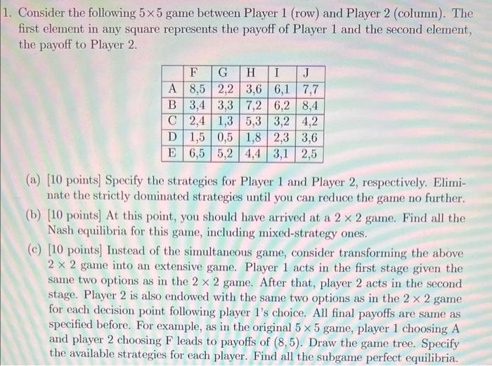 Solved 1. Consider the following 5 x 5 game between Player 1 | Chegg.com
