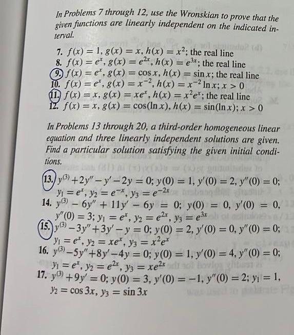 Solved In Problems 7 through 12, use the Wronskian to prove | Chegg.com