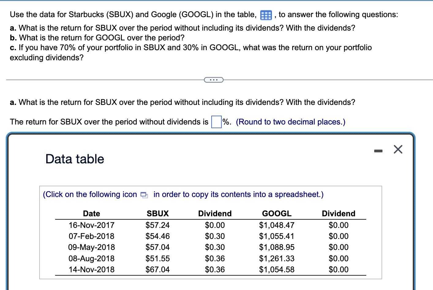 Solved a. ﻿What is the return for SBUX over the period | Chegg.com