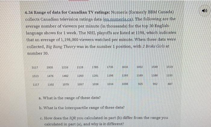 Solved 4.34 Range of data for Canadian TV ratings: Numeris | Chegg.com