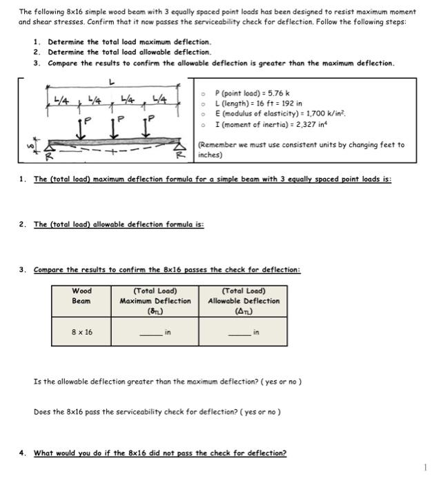 Solved The following 8x16 simple wood beam with 3 equally | Chegg.com
