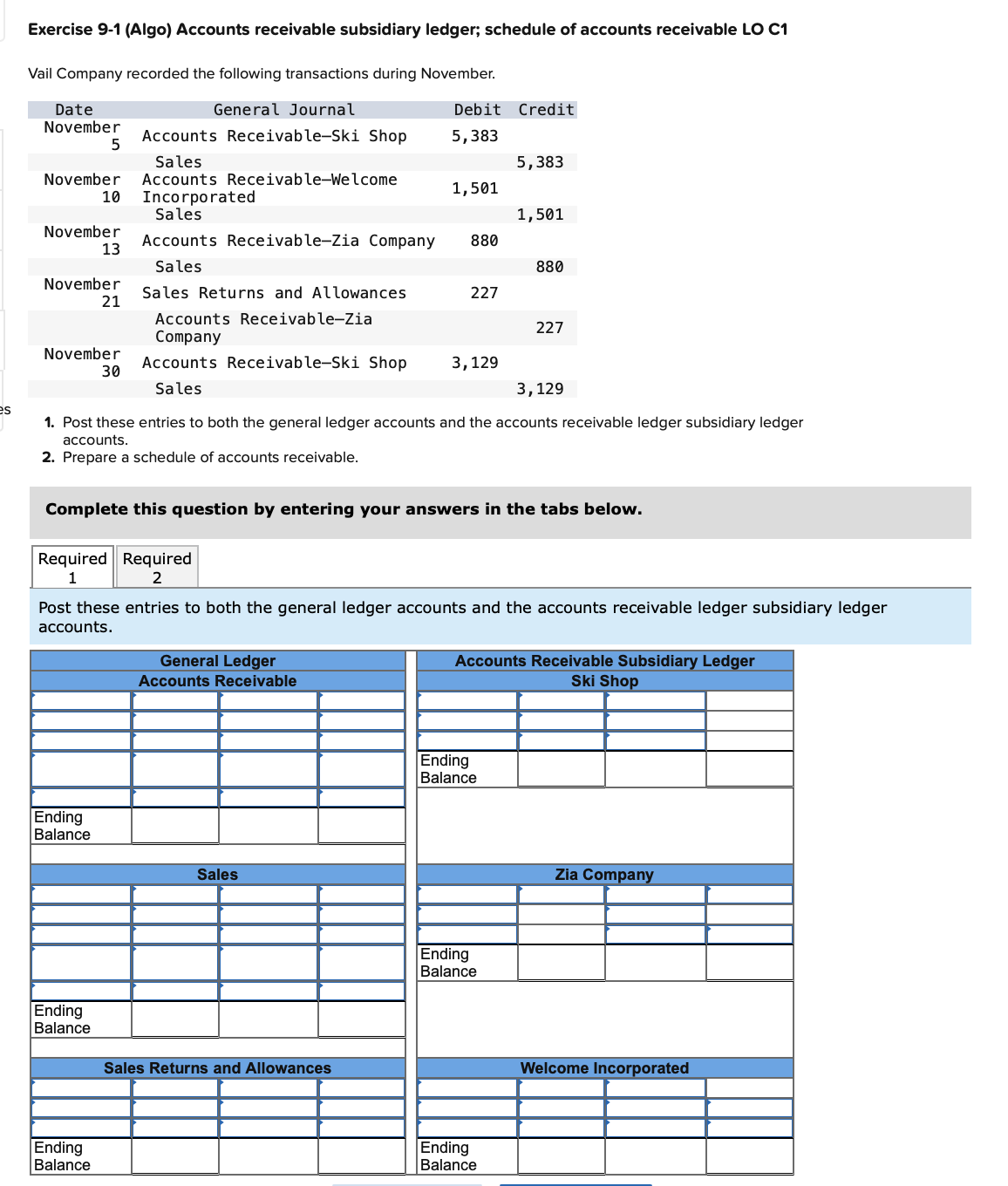 Solved Exercise 9-1 (Algo) ﻿Accounts receivable subsidiary | Chegg.com