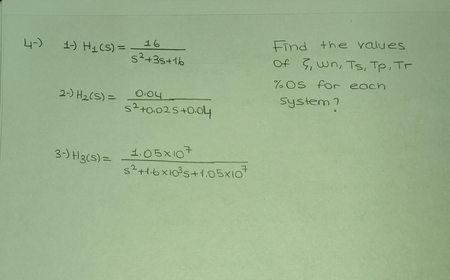 Solved 4−)1−H1(s)=s2+3s+1616 2-) H2(s)=s2+0.02s+0.040.04 3-) | Chegg.com