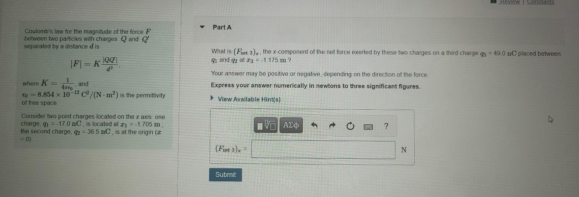 Solved Review Constants Part A Coulomb's law for the | Chegg.com