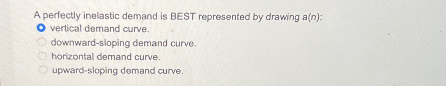 Solved A perfectly inelastic demand is BEST represented by | Chegg.com